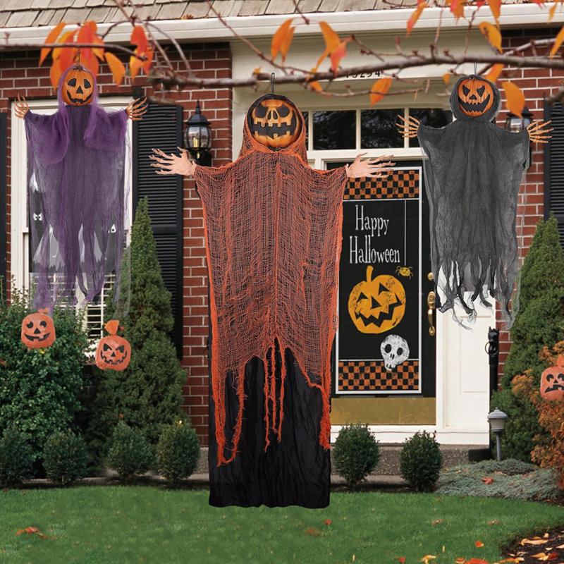 Ophelia & Co. 3 Pack Hanging Halloween Outdoor Decor Pumpkins Ghost Spooky Skeleton | Wayfair
